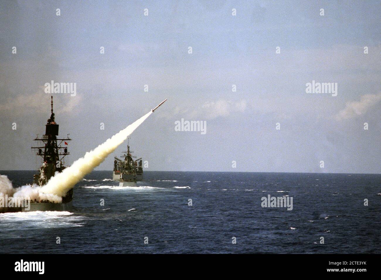 1979 - An RIM-2 Terrier surface-to-air missile is fired from the guided-missile destroyer USS ...
