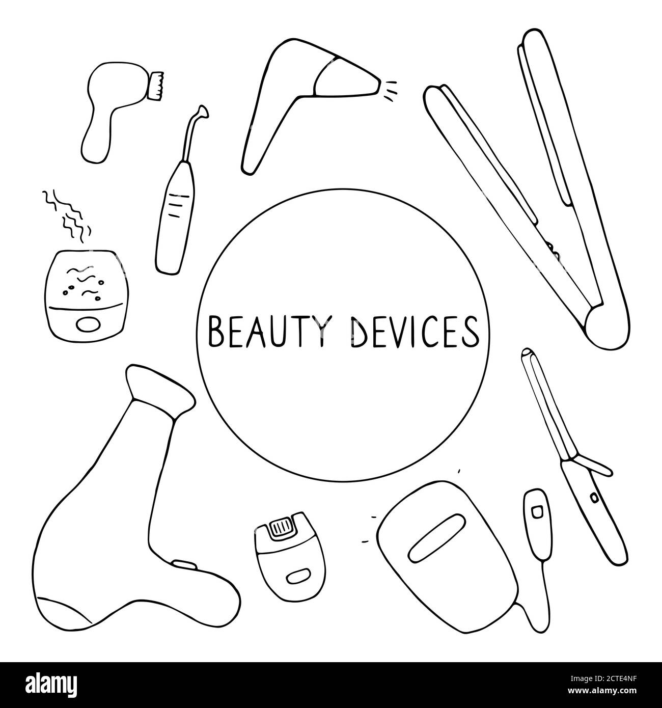 Beauty devices. Skin and hair care techniques. Hand drawn vector ...
