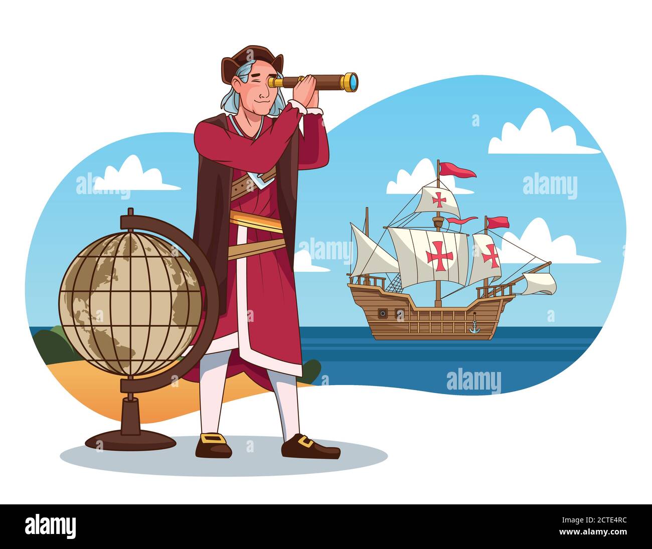Columbus day celebration scene of christopher using telescope and ...