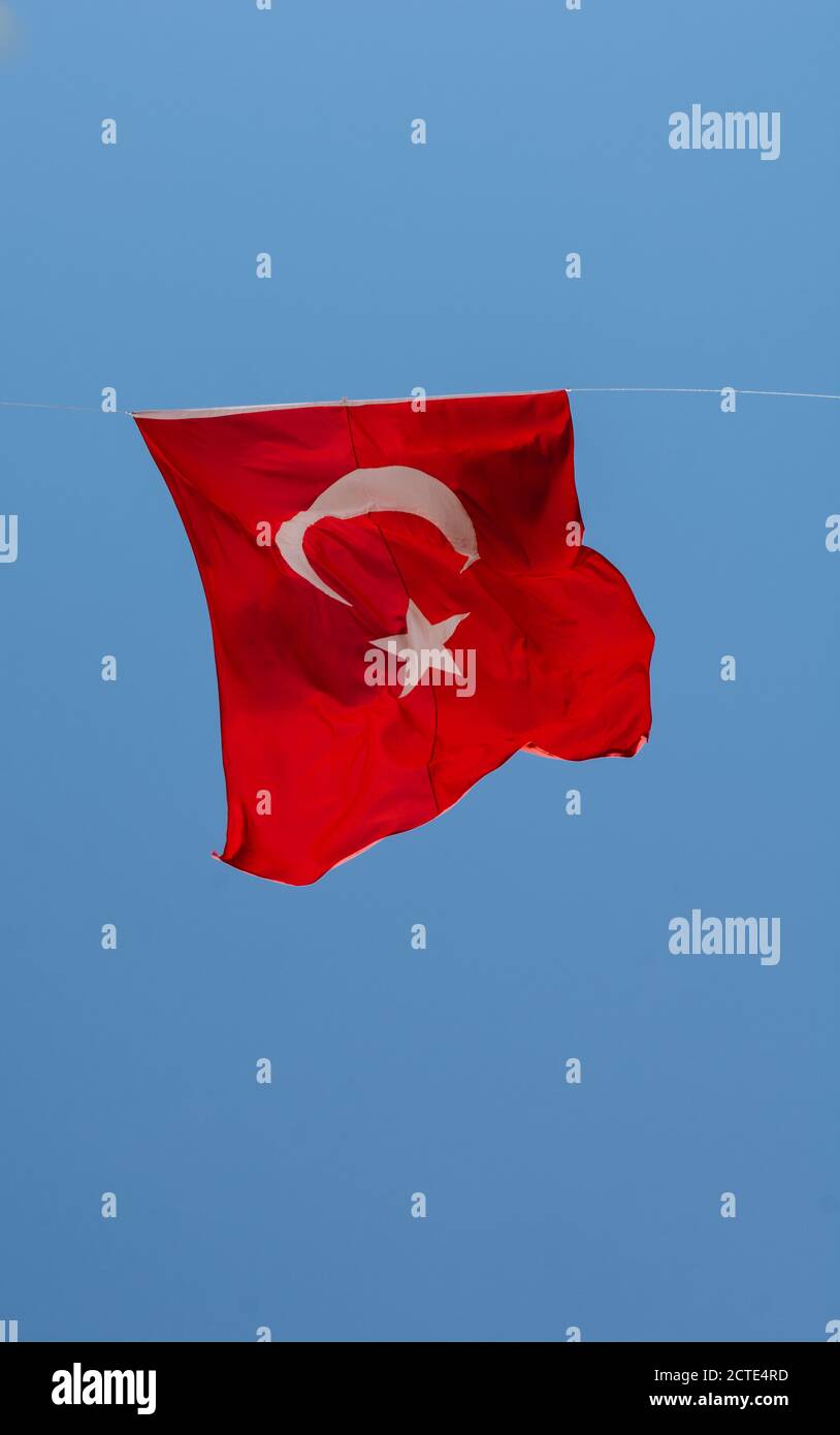 Turkish national flag in open air on a rope Stock Photo - Alamy