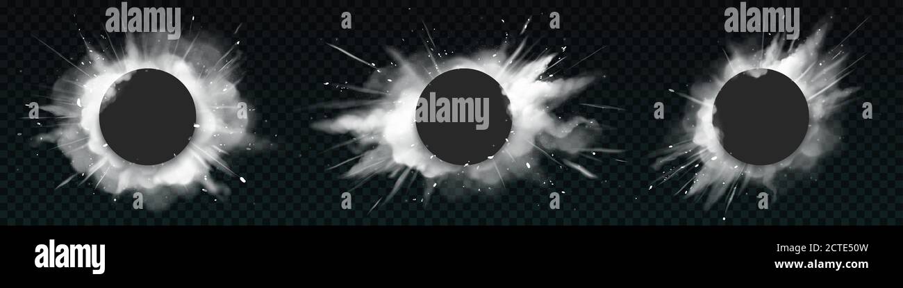 White powder explosions with black round banners. Vector realistic set ...
