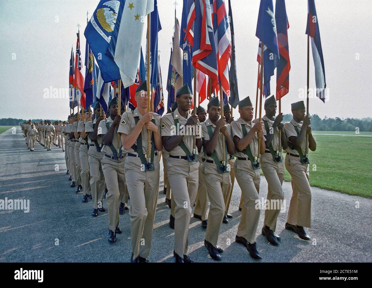 1977 - A color guard of US Army recruits marches in formation Stock ...