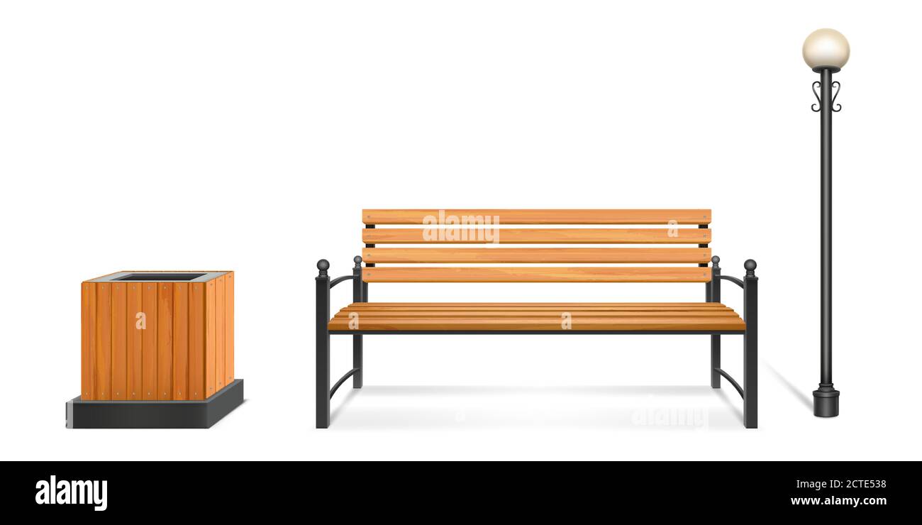 Wooden park bench, street lamp and litter bin, outdoor wood seat with ...