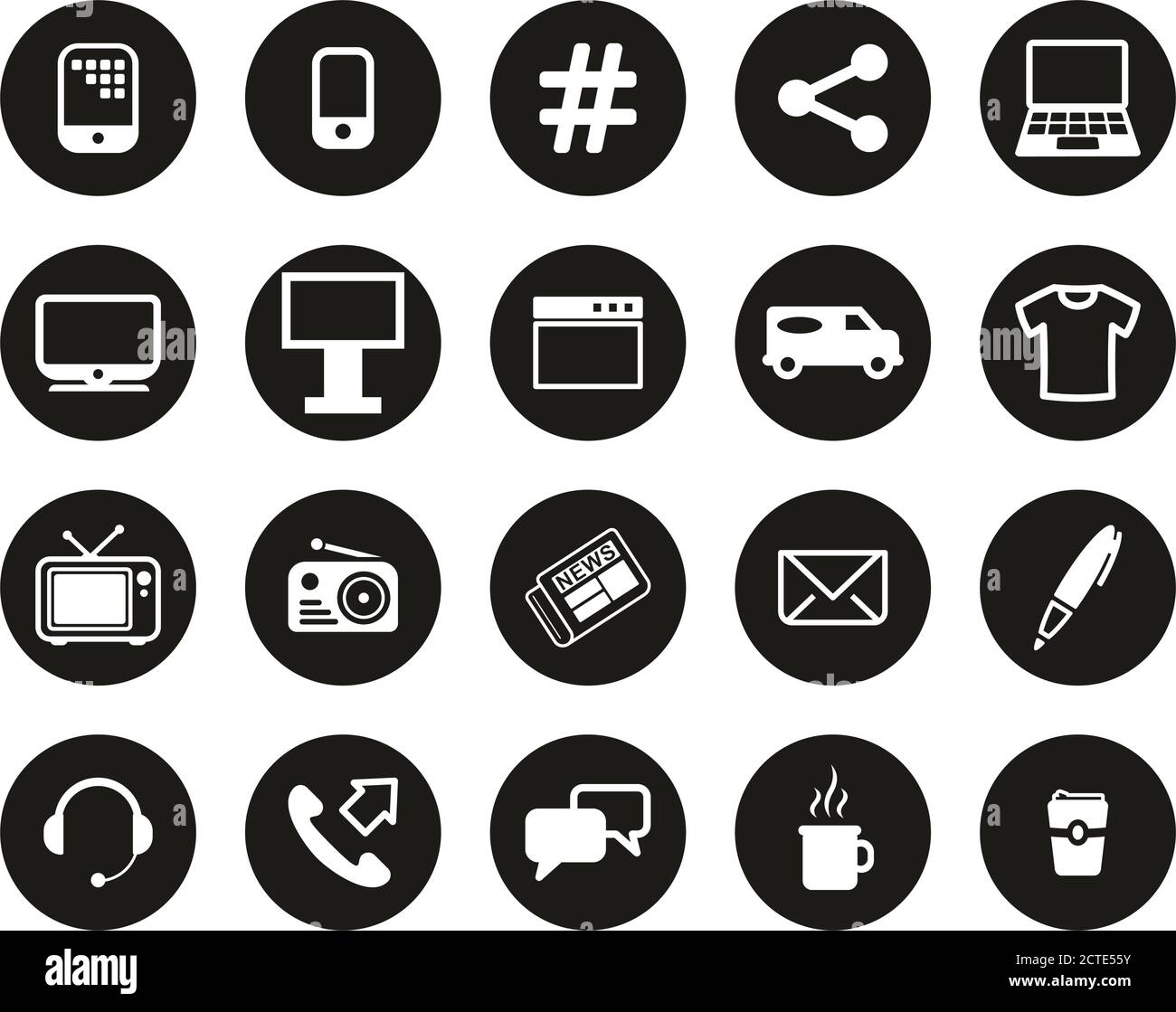 Advertising Media Icons White On Black Flat Design Circle Set Big Stock Vector Image & Art - Alamy
