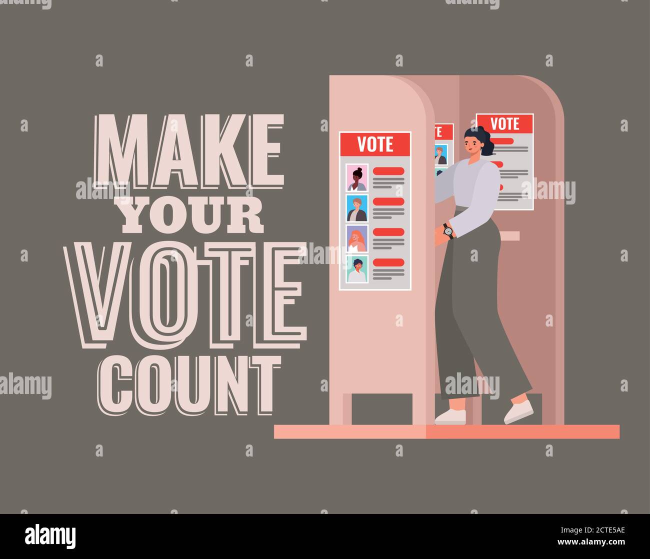 woman at voting booth with make your vote count text vector design ...