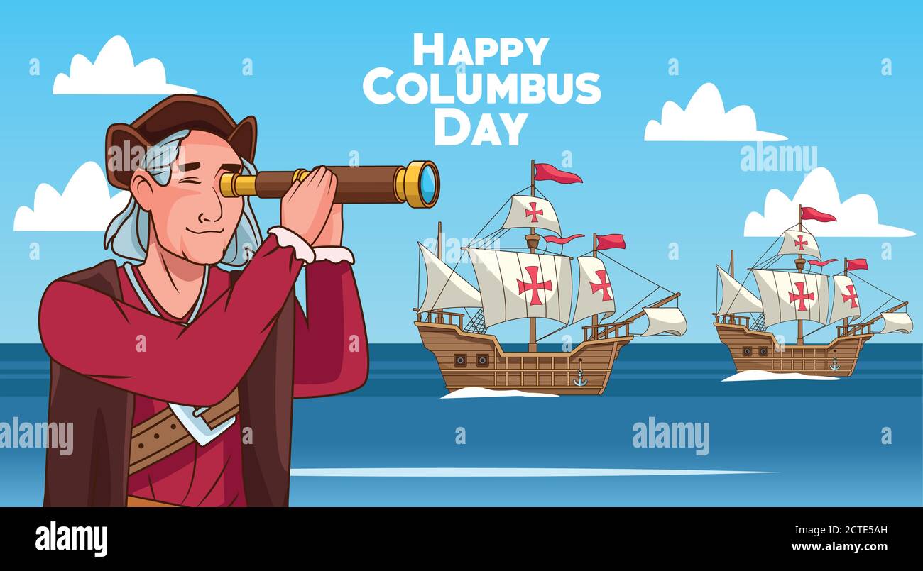 Columbus day celebration scene of christopher using telescope and ...