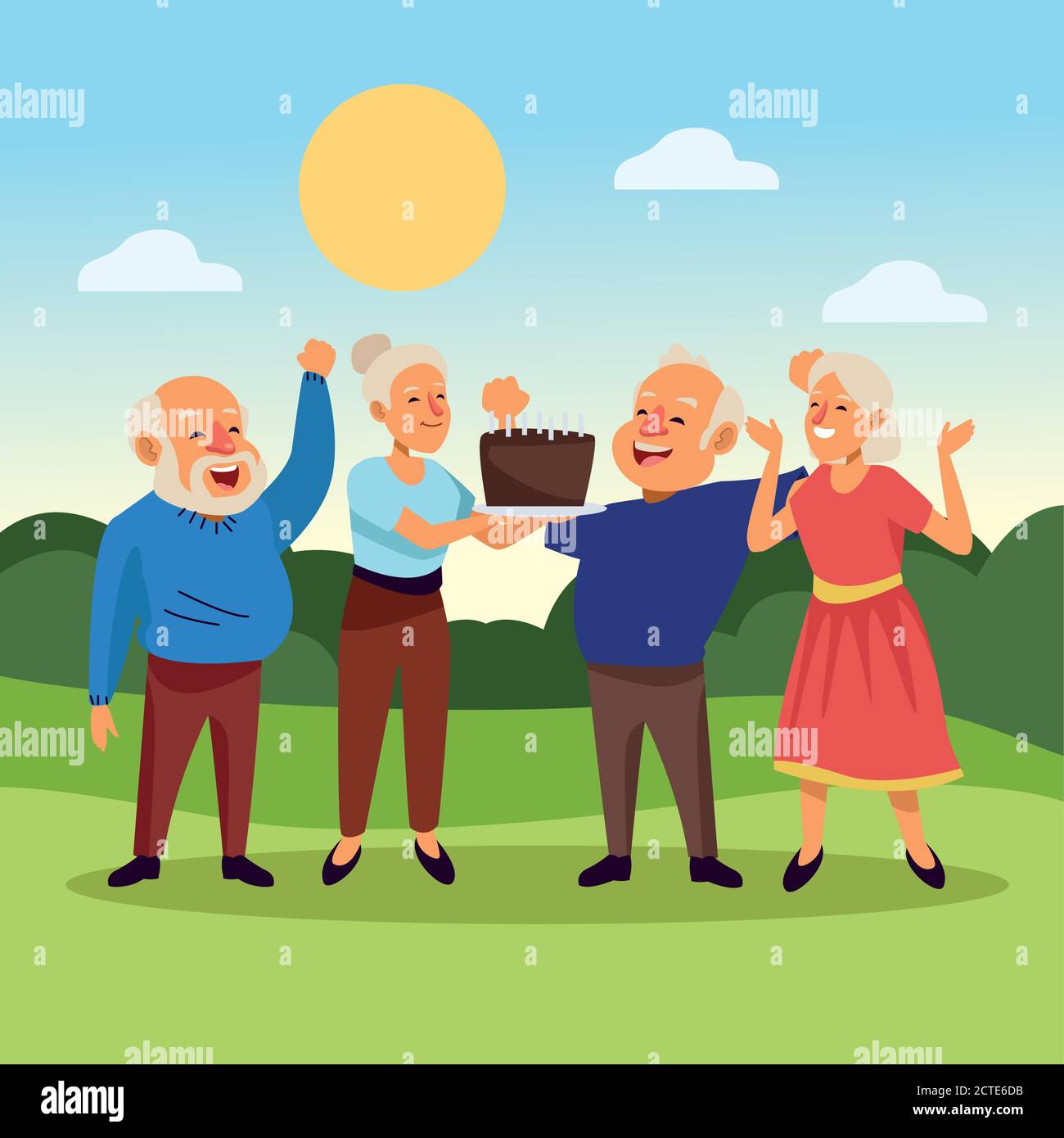old people with sweet cake in the camp active seniors characters vector ...