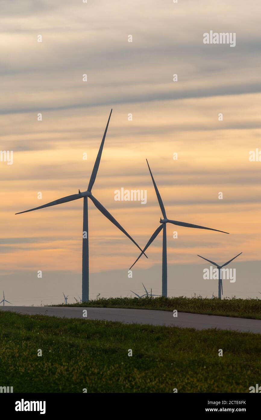 The sun sets on a field of wind turbines at a wind farm in Indiana ...