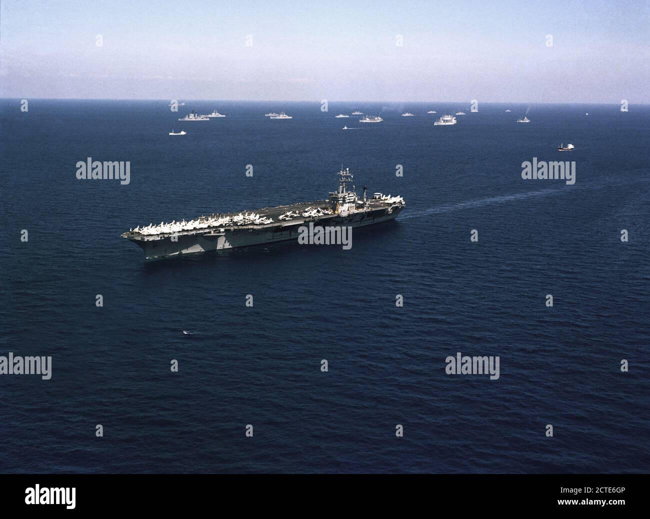 1976 - An aerial starboard bow view of the nuclear-powered aircraft carrier USS NIMITZ (CVN 68 ...