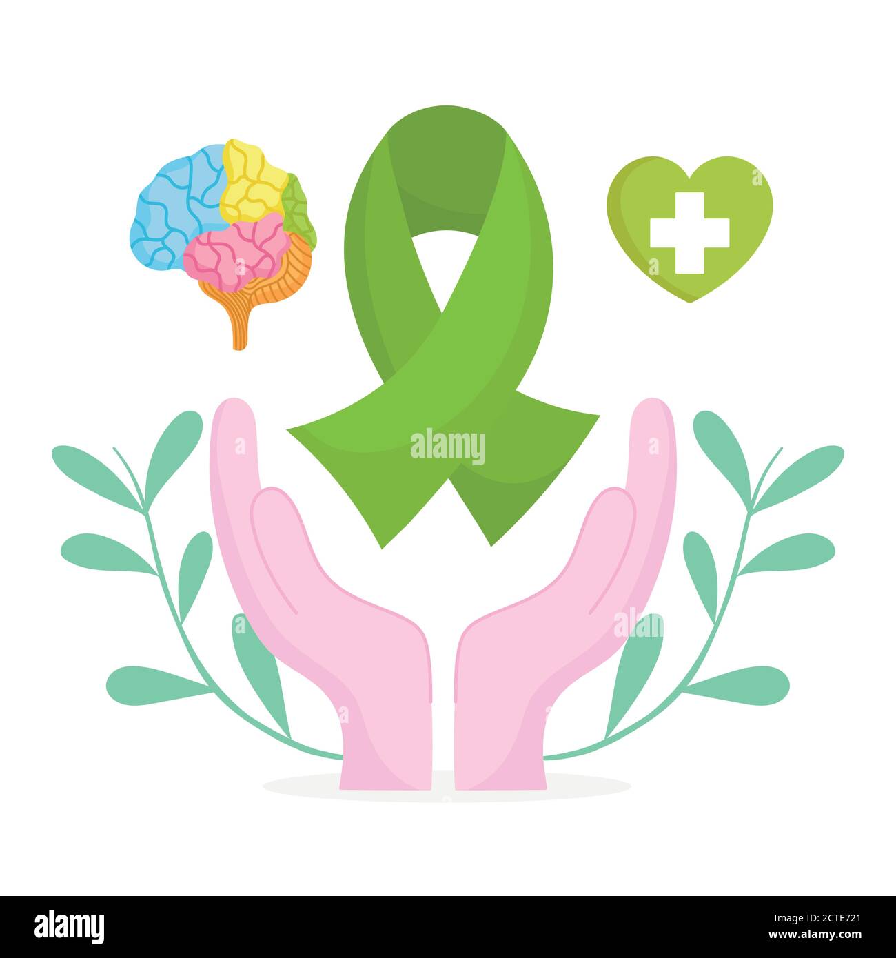 world mental health day, hands green ribbon brain and heart emblem ...