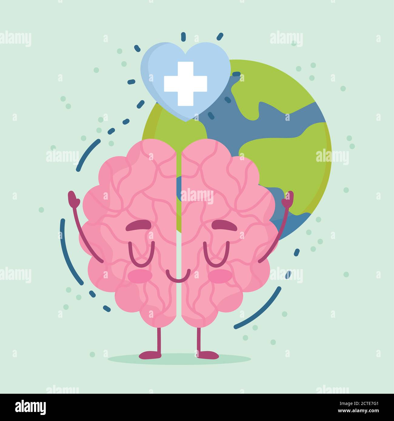 World Mental Health Day Cartoon Brain Heart And Earth Vector