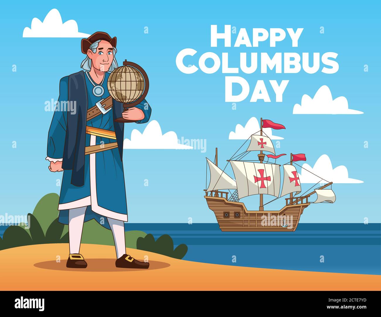 Columbus day celebration scene of christopher lifting world map on the ...