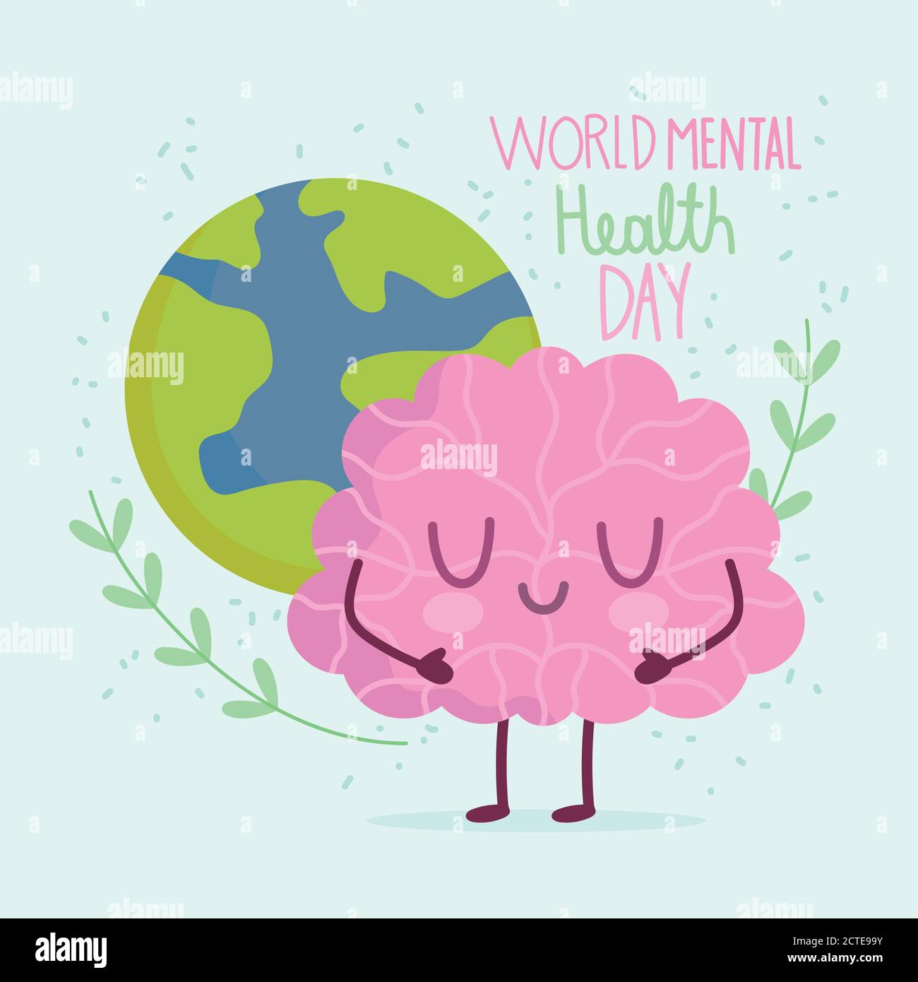 world mental health day, cartoon brain planet leaves nature vector ...