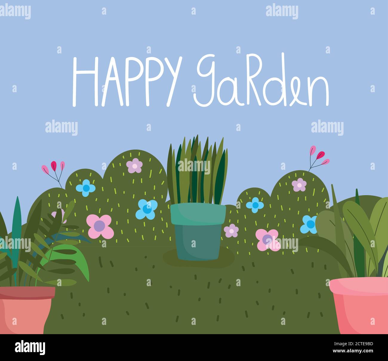 happy garden, potted plants flowers bushes foliage grass nature vector ...