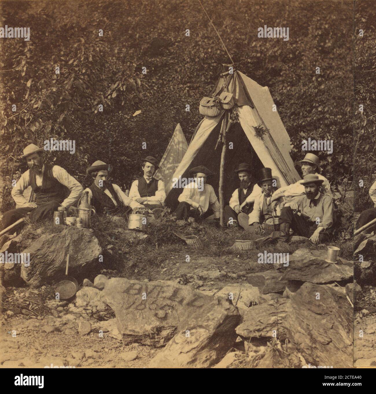 Camp scene, preparing for dinner., Buell, O. B. (1844-1910), Men, Camps ...