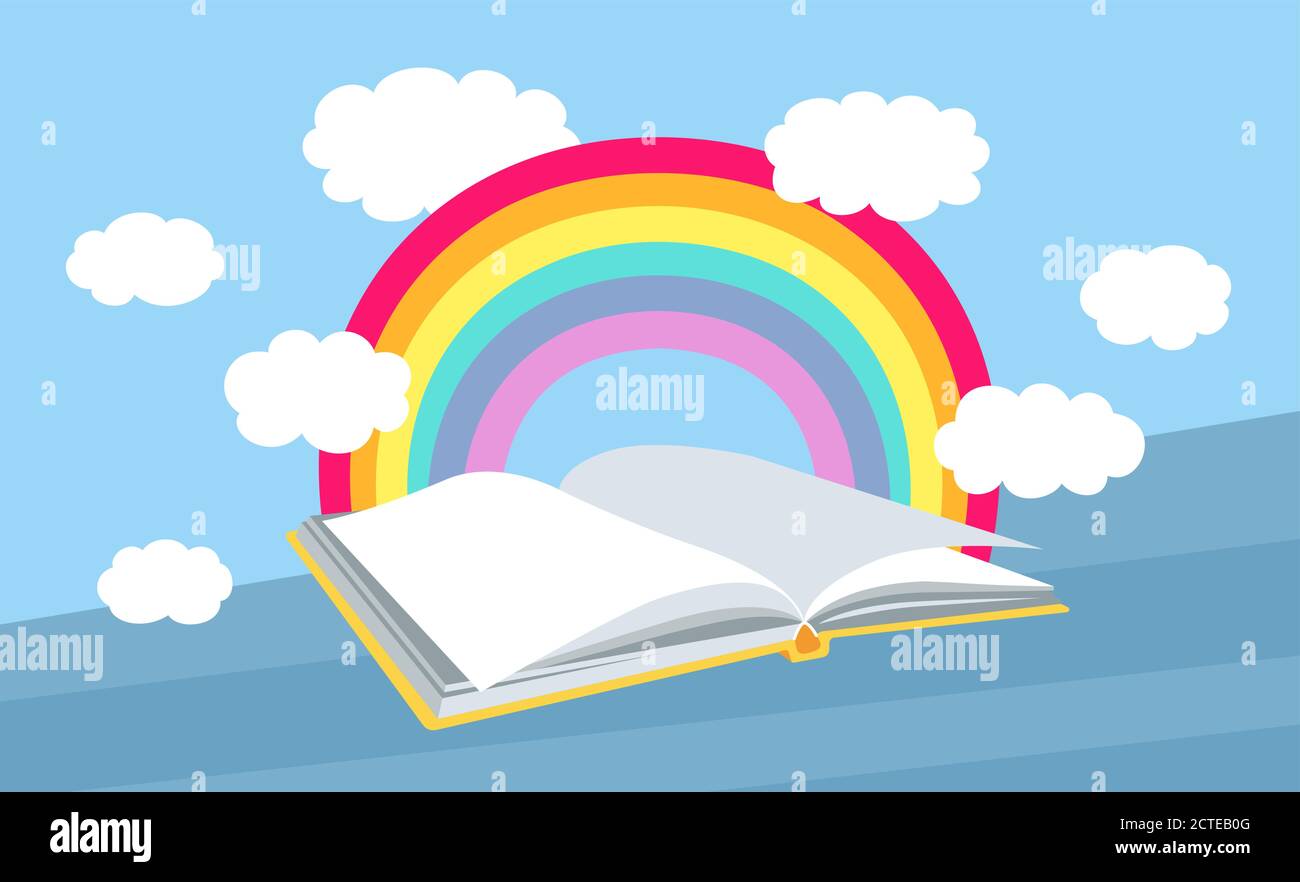 Open book with rainbow, clouds. Cartoon bookshelves library. Flat books ...