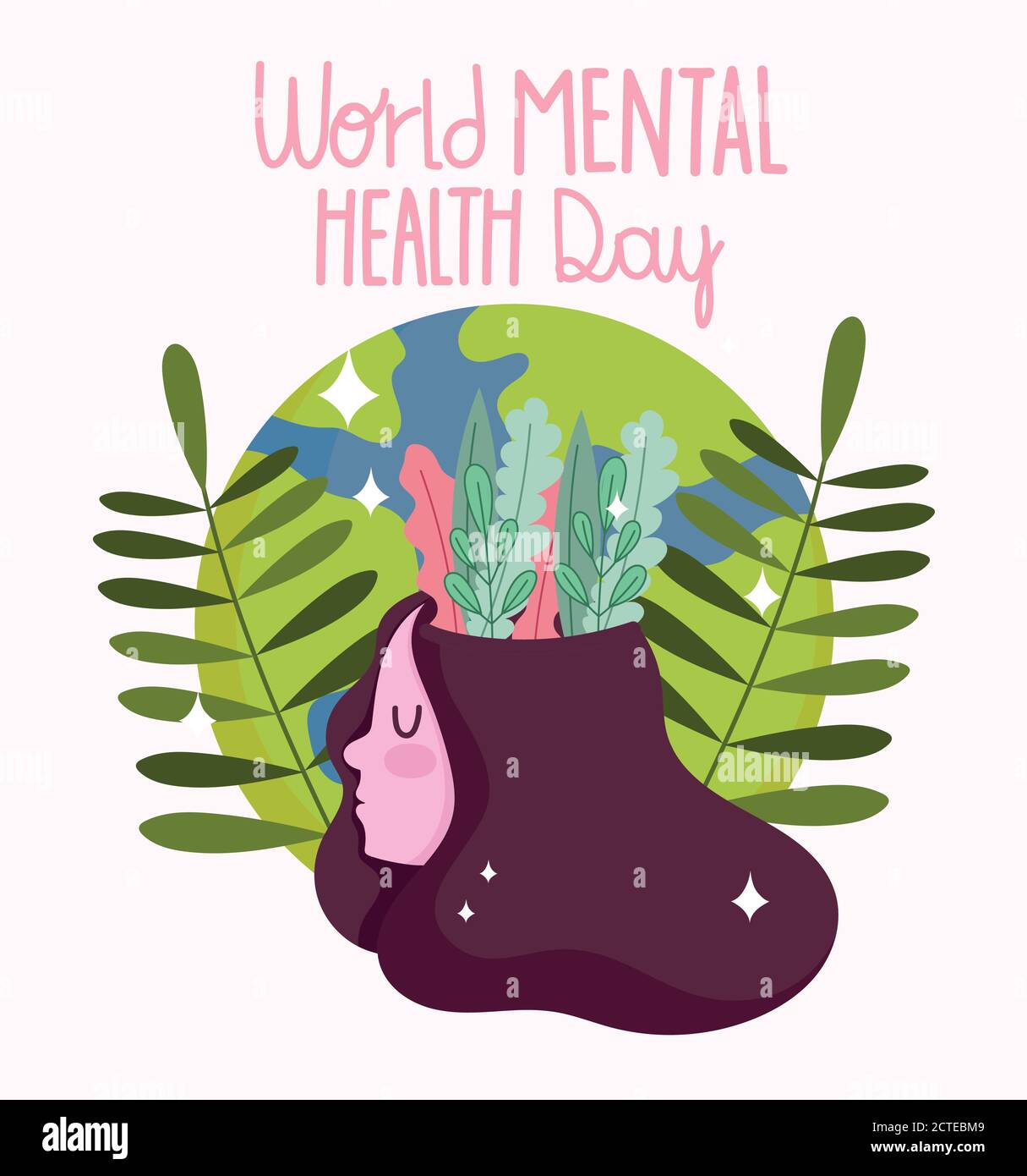 world mental health day, girl with leaves in head planet cartoon vector ...