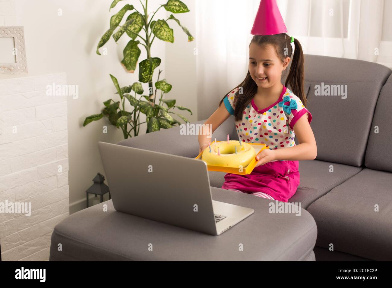 Children virtual birthday party with cake online together with her ...