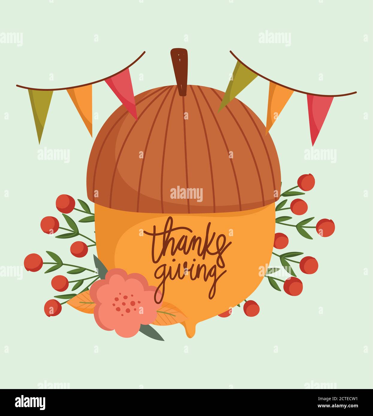 happy thanksgiving day, acorn flower berries pennants celebration card ...