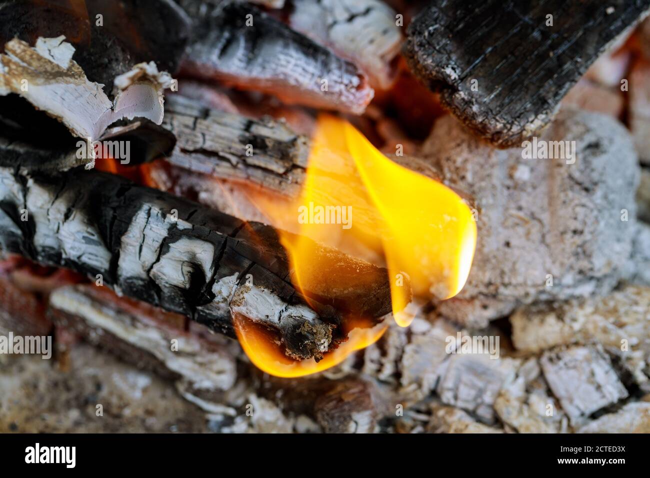 Ash and small fire with burned wood. Wildfire concept Stock Photo - Alamy
