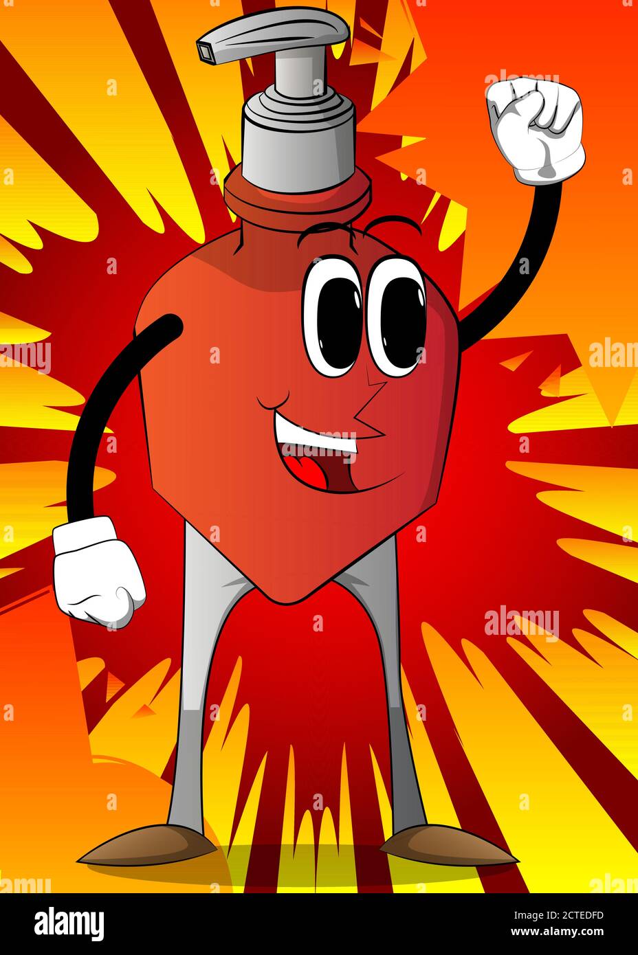 Cartoon bottle of hand sanitizer gel for hygiene with face making power ...