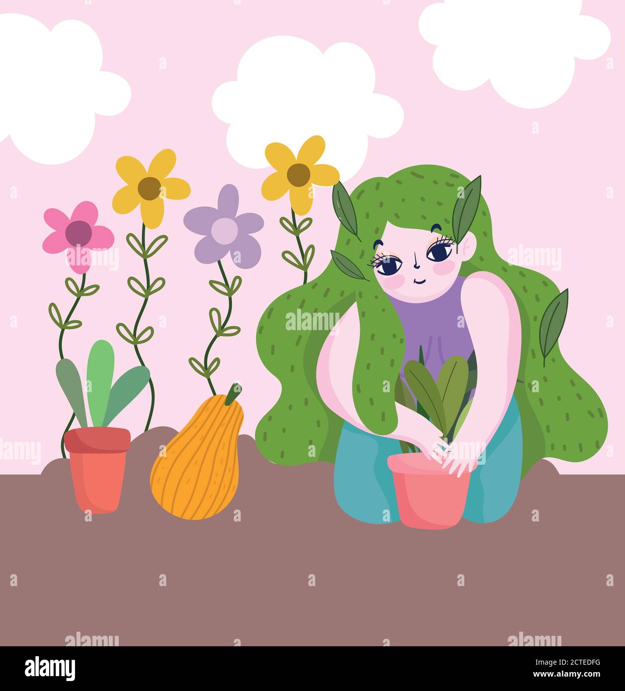 happy garden, girl with green hairstyle floral planting plants in pot ...