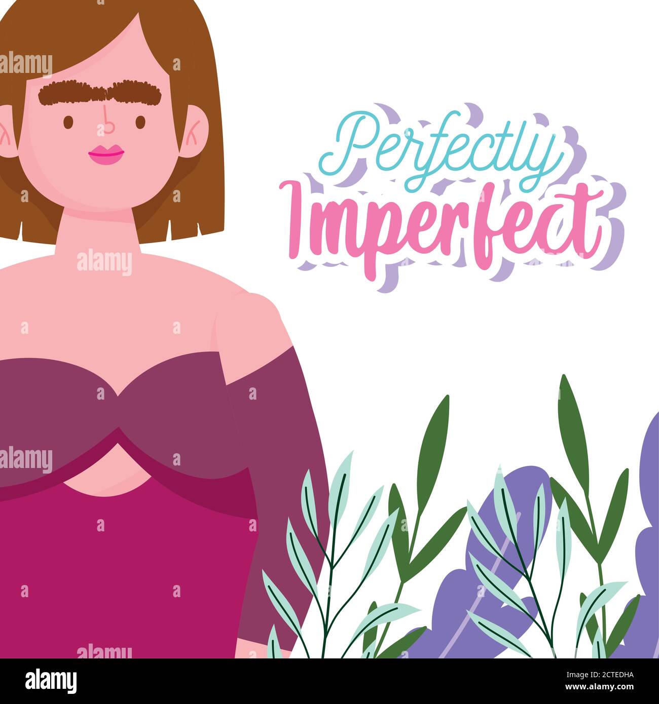 perfectly imperfect, cartoon woman portrait character leaves floral ...