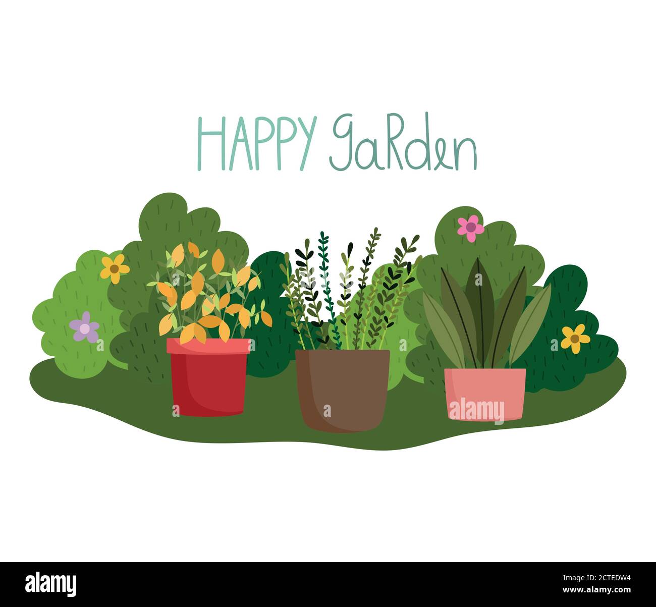 happy garden, potted plants flowers bushes nature decoration vector ...