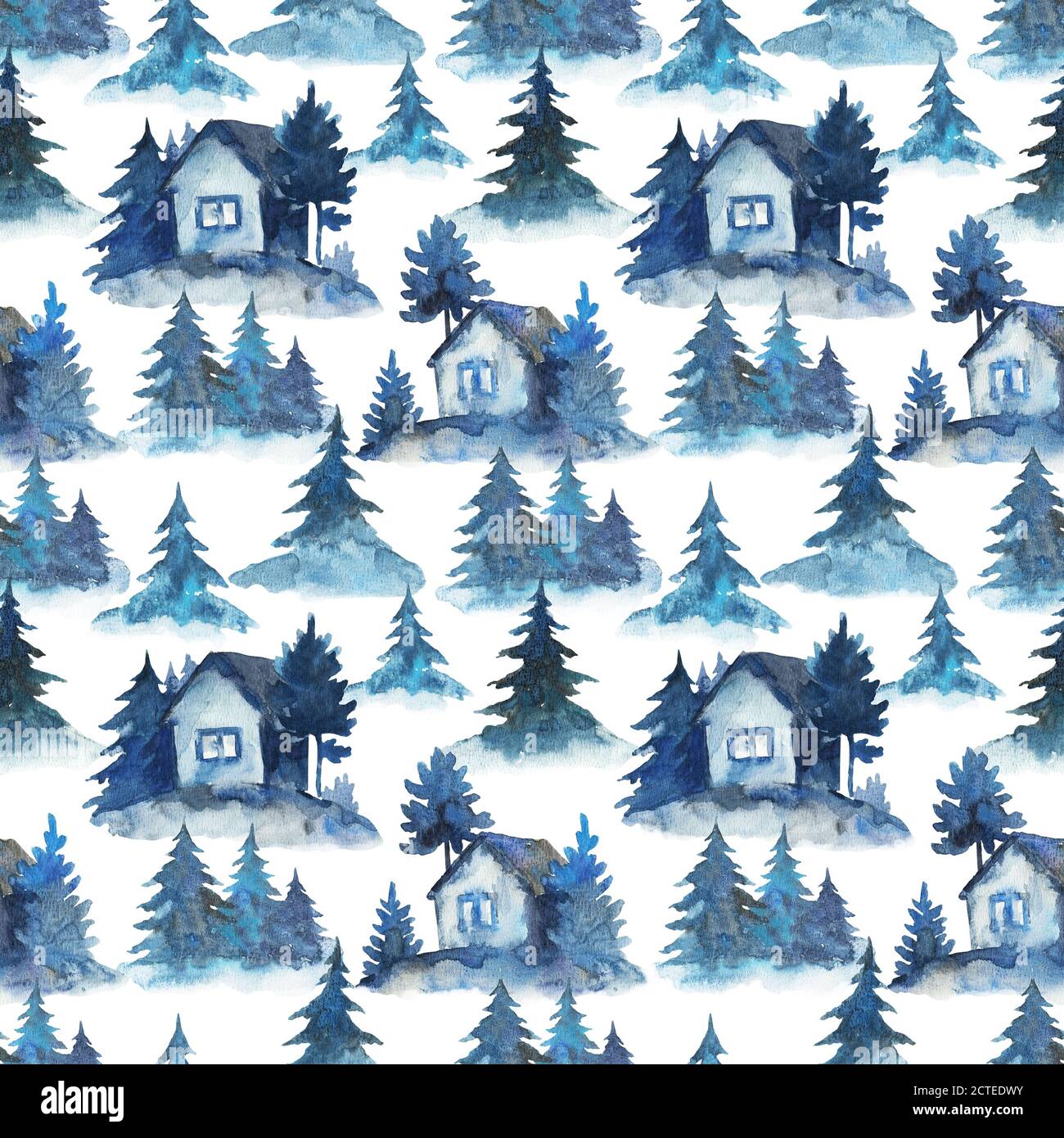 Watercolor fire trees and little houses seamless pattern. Foggy fire ...