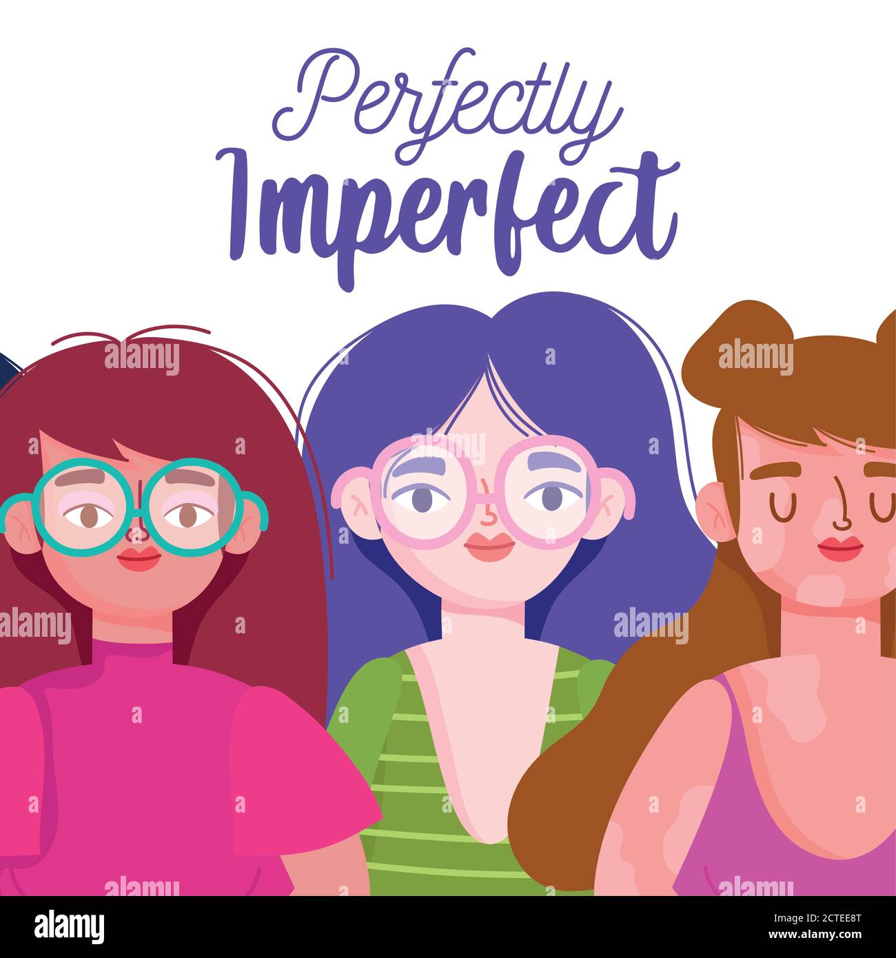 perfectly imperfect, cartoon group women with skin pigmentation and ...