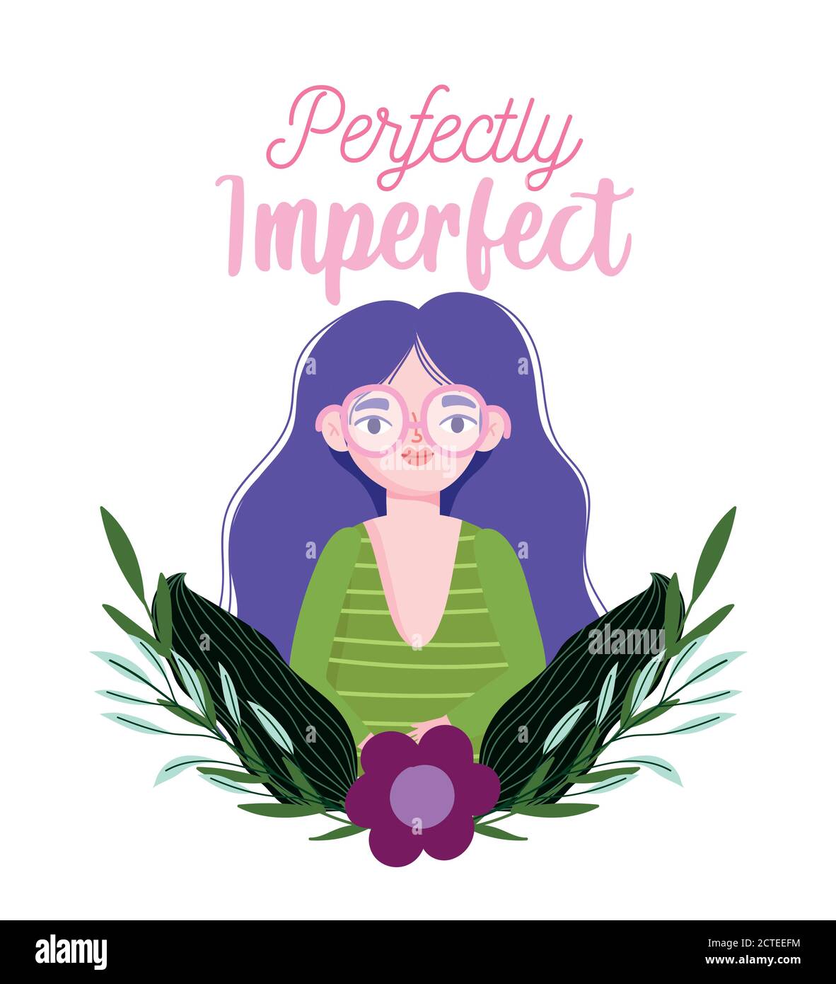perfectly imperfect, cartoon woman character portrait flower leaves ...