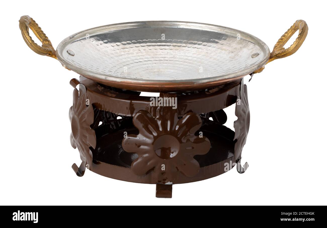 Metal dish for heating food with a candle isolated on white Stock Photo ...