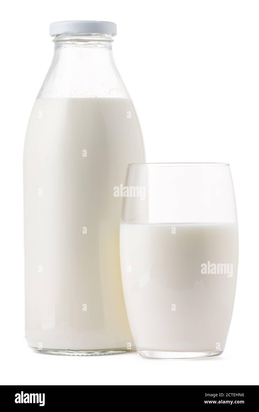 Glass bottle and cup of fresh milk isolated Stock Photo - Alamy