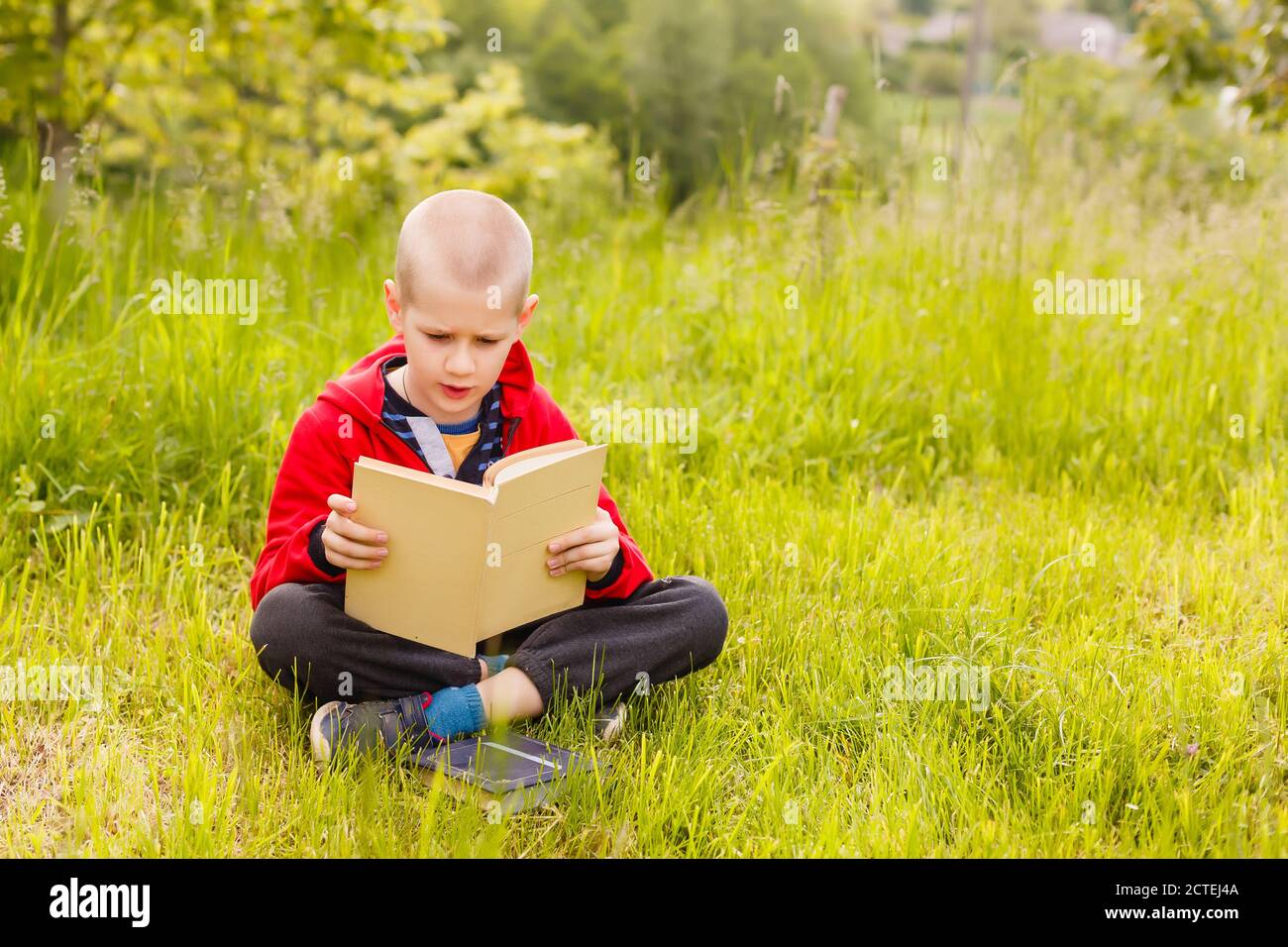 child reading a book on the grass Stock Photo - Alamy