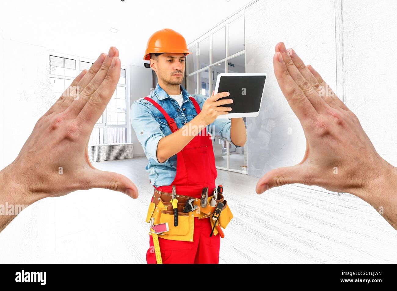 Builder handyman with construction tools. House renovation background ...