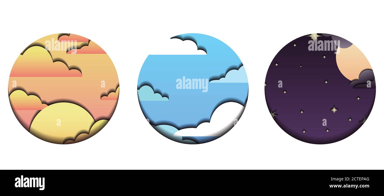 Set of round 3d banners with sky and clouds cut out from paper. Weather ...