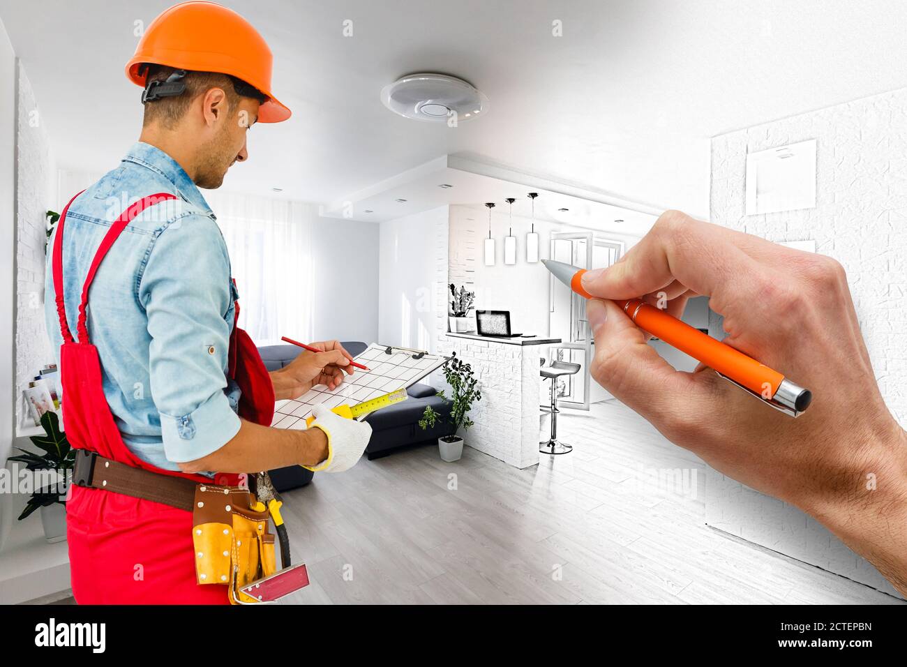 Builder handyman with construction tools. House renovation background ...