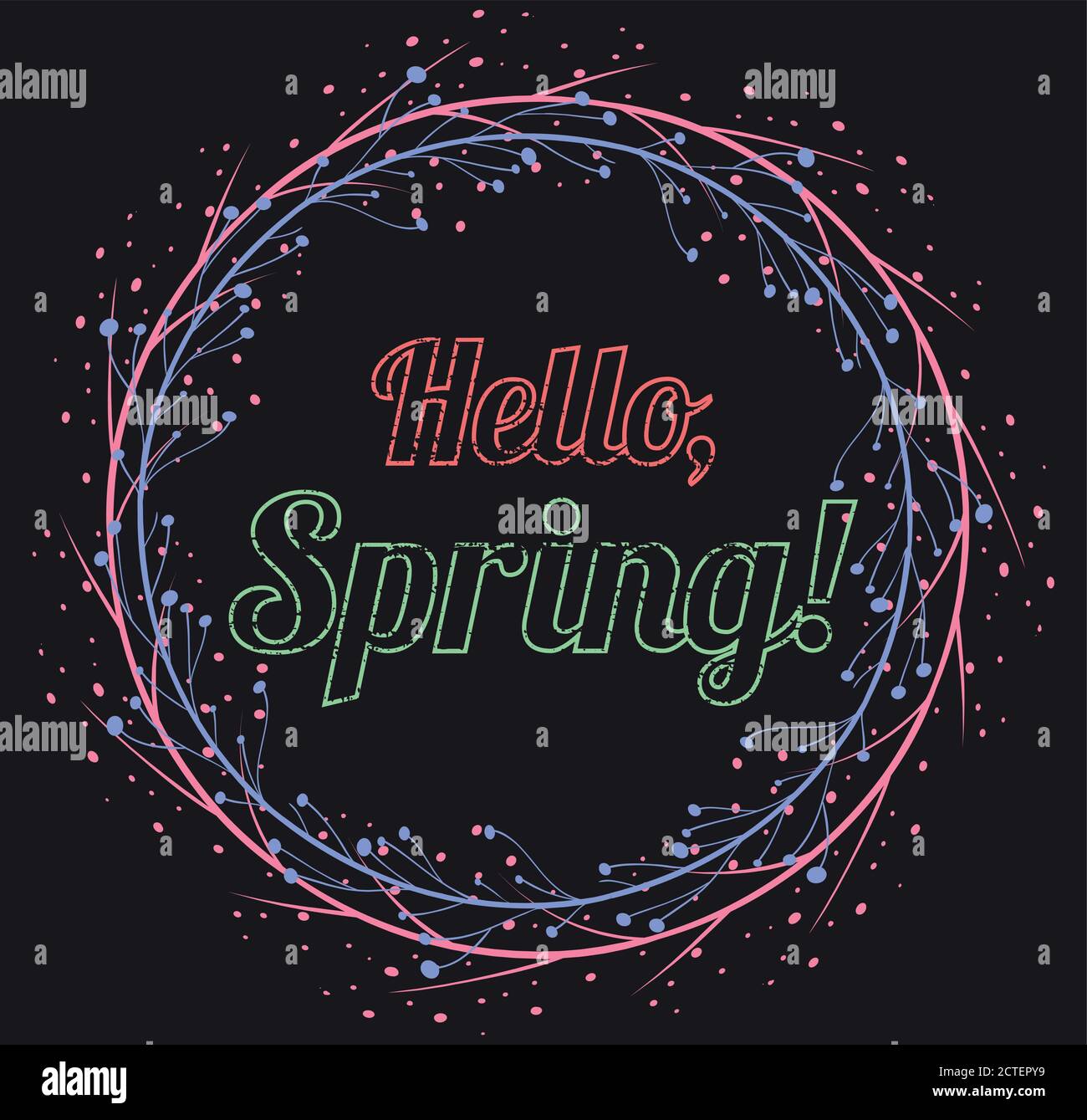 Lettering Hello, Spring with a pattern of leaves on a black background ...
