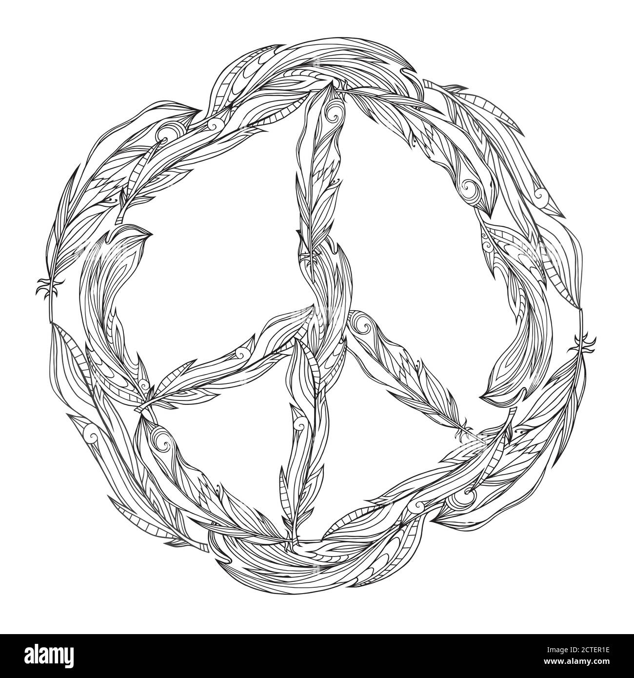 Black and white boho sign of peace made of feathers. Pacific. Vector ...