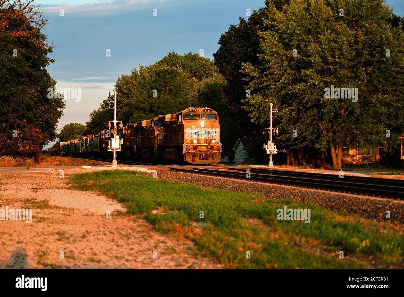 Maple Park, Illinois, USA. A Union Pacific Railroad freight train heads ...