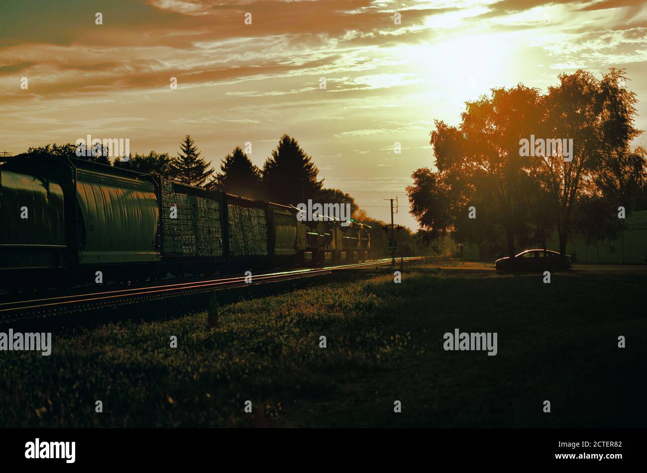 Maple Park, Illinois, USA. A Union Pacific Railroad freight train heads ...