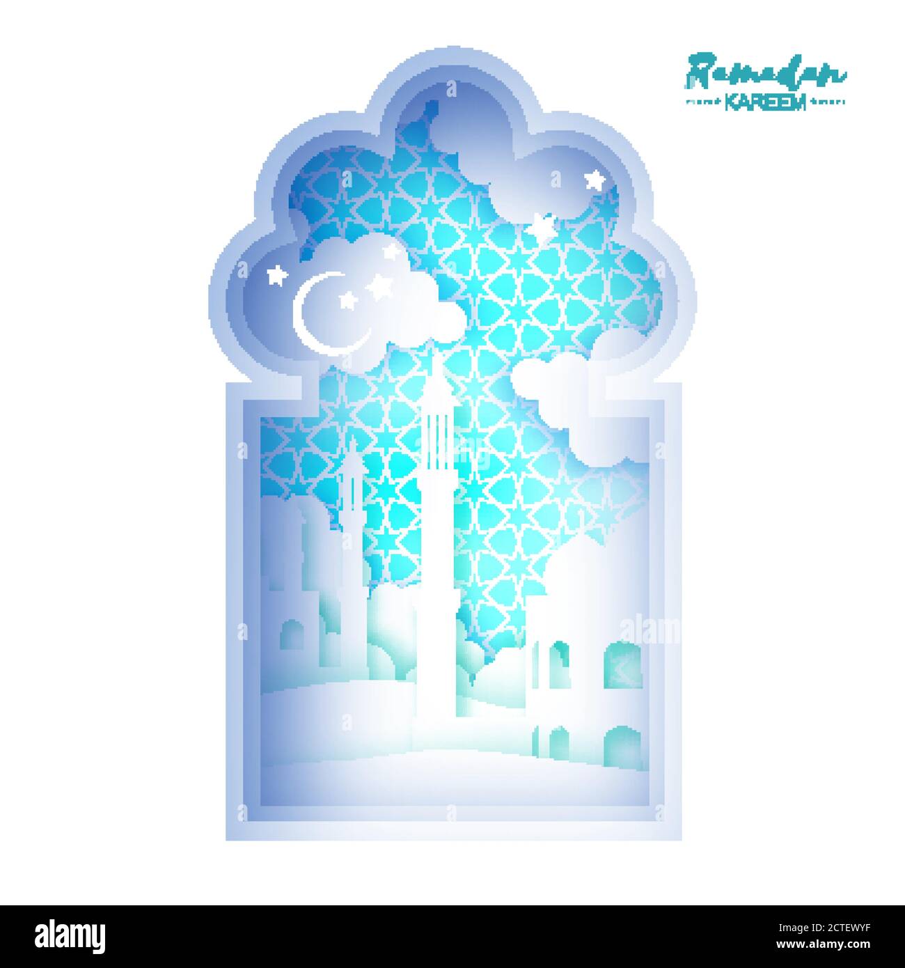 Blue Ramadan Kareem Greeting card. Origami Mosque Window. Paper cut ...