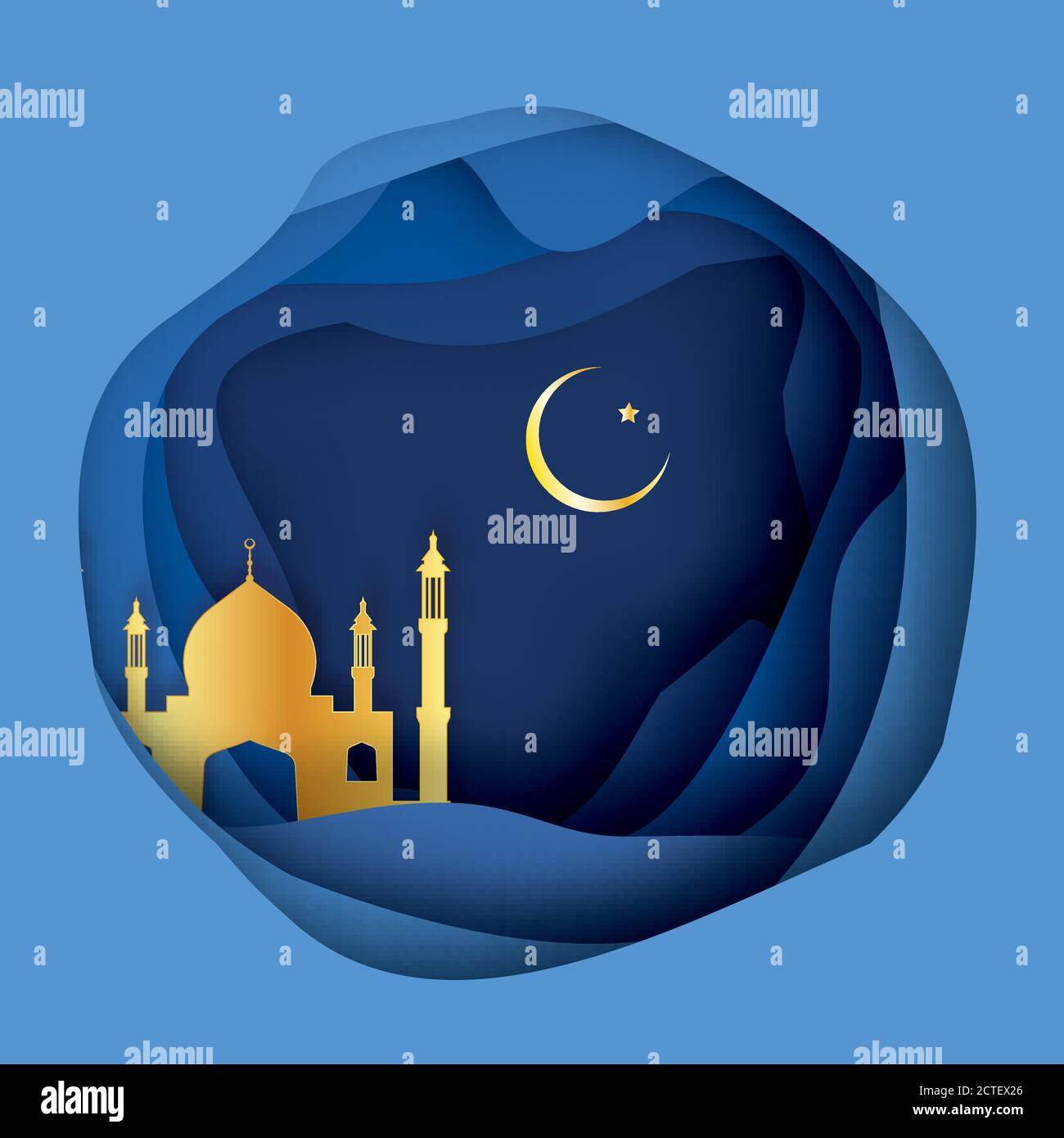 Ramadan Kareem Greeting card with arabic Gold Origami Mosque. Paper cut ...