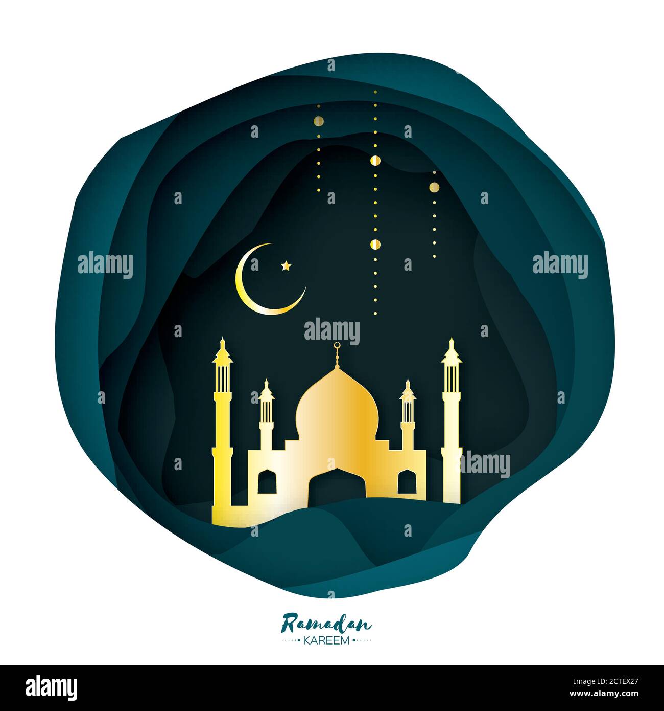 Ramadan Kareem Greeting card with arabic Gold Origami Mosque. Paper cut ...