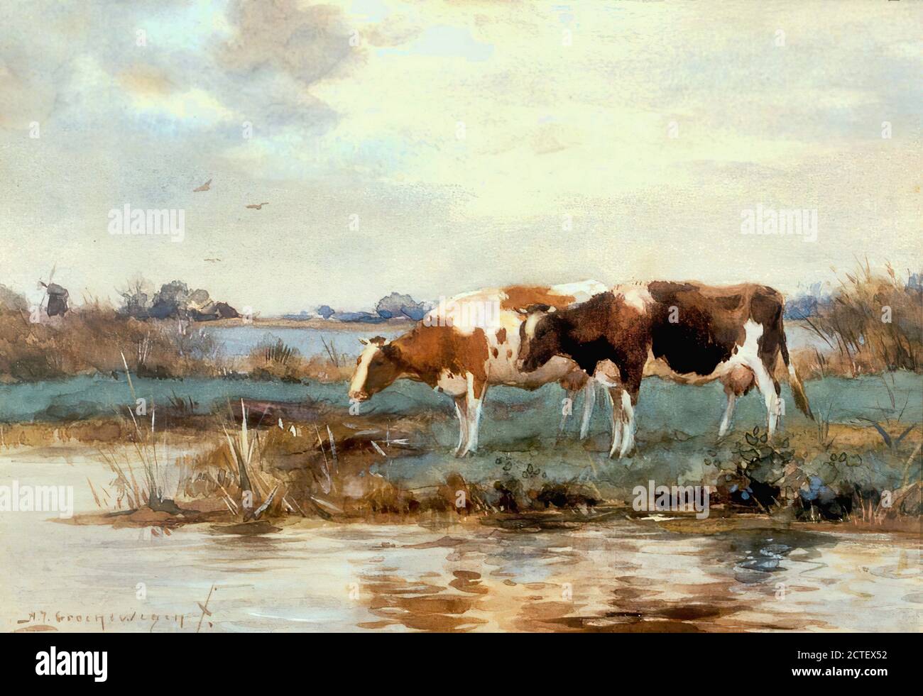 Groenewegen Adrianus Johannes - Drinkend Vee - Dutch School - 19th Century Stock Photo - Alamy