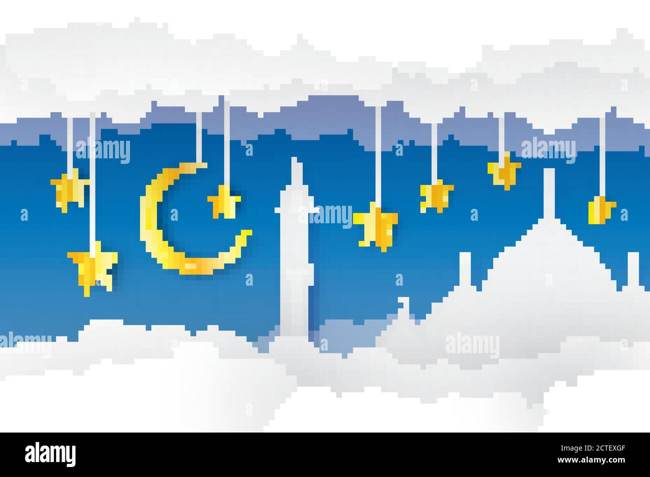 Ramadan Kareem. Arabic white Mosque, clouds, gold stars in paper cut ...