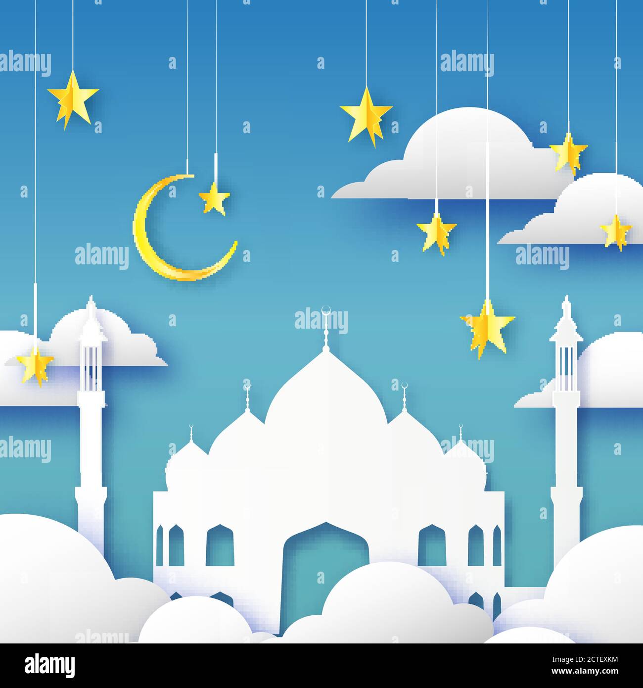Ramadan Kareem. Arabic white Mosque, clouds, gold stars in paper cut ...