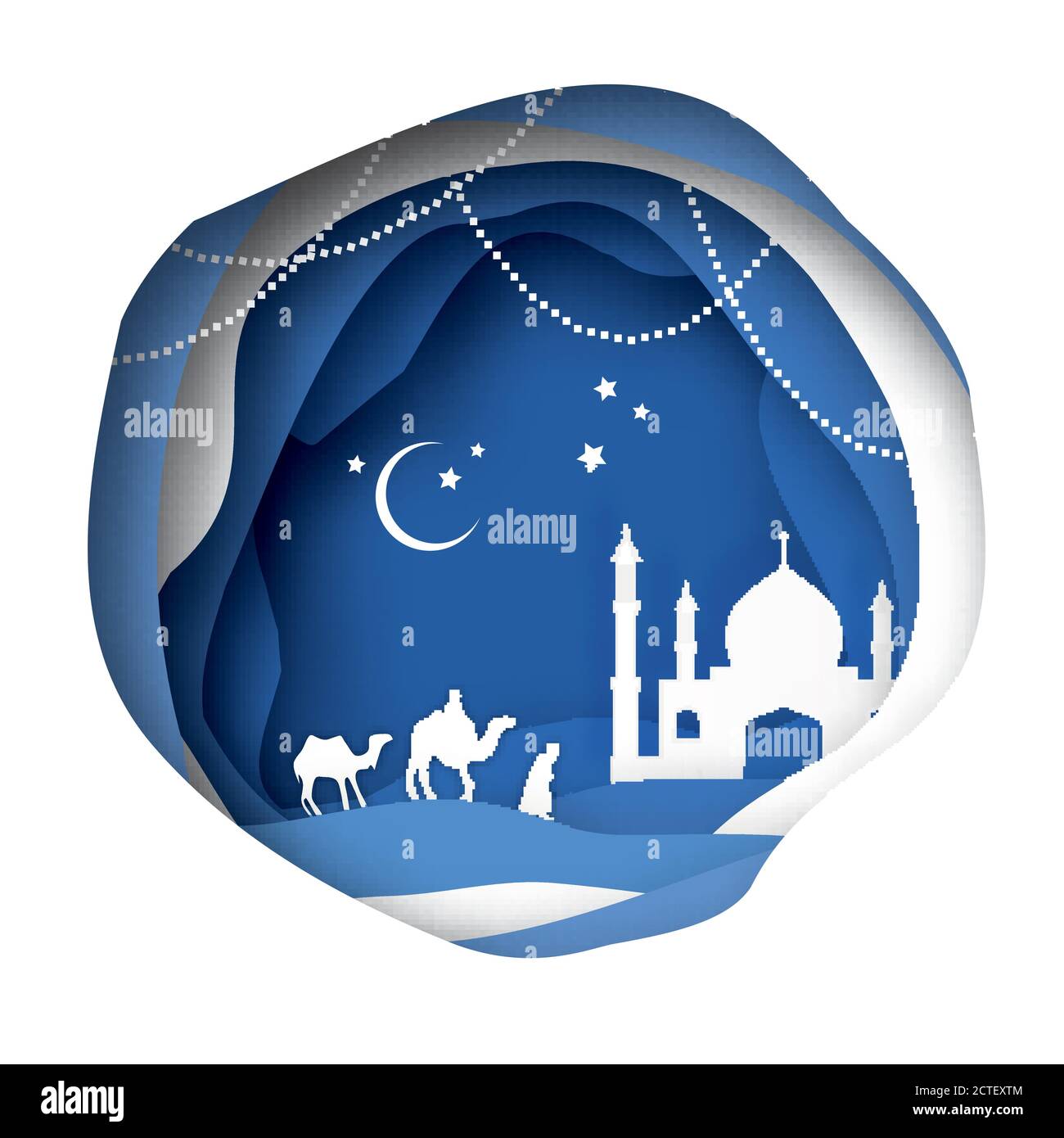 Ramadan Kareem Greeting card with arabic White Origami Mosque. Blue ...