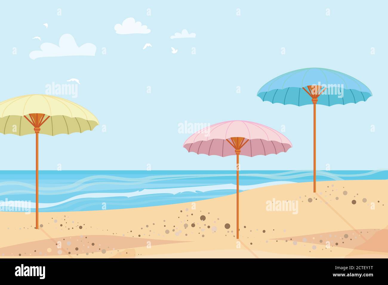 Summer outdoor. Parasols. Sea and sand. Summertime. Beach rest Vector ...