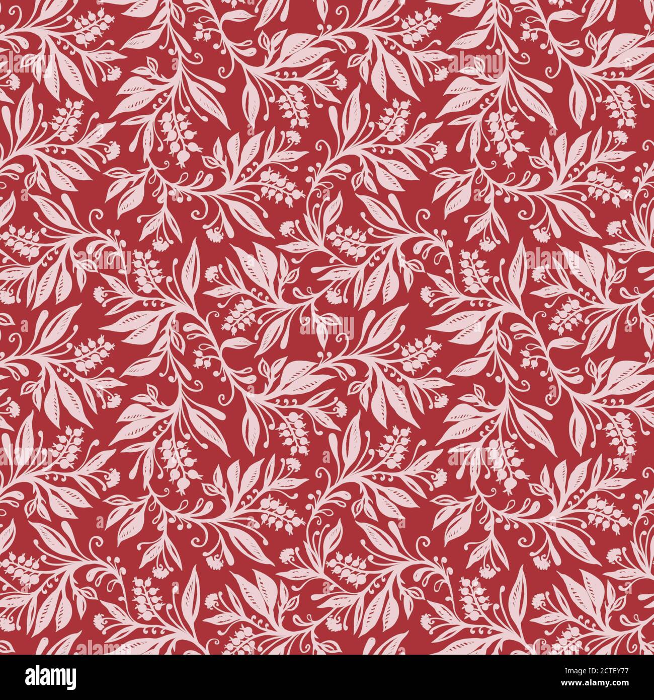 Floral seamless pattern with leaves and berries in wine red and pink ...